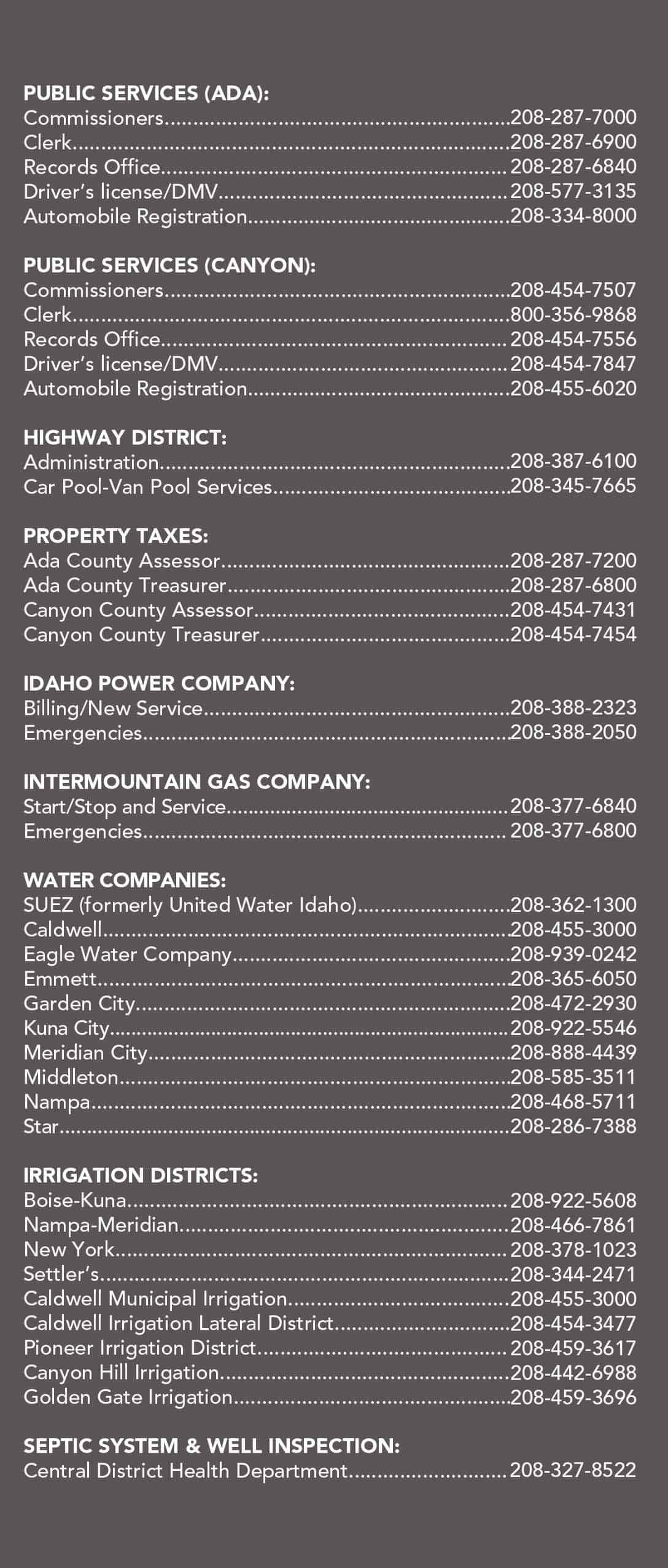 Telephone/Utility Guide - Boise, Meridian, Nampa ID | Empire Title & Escrow